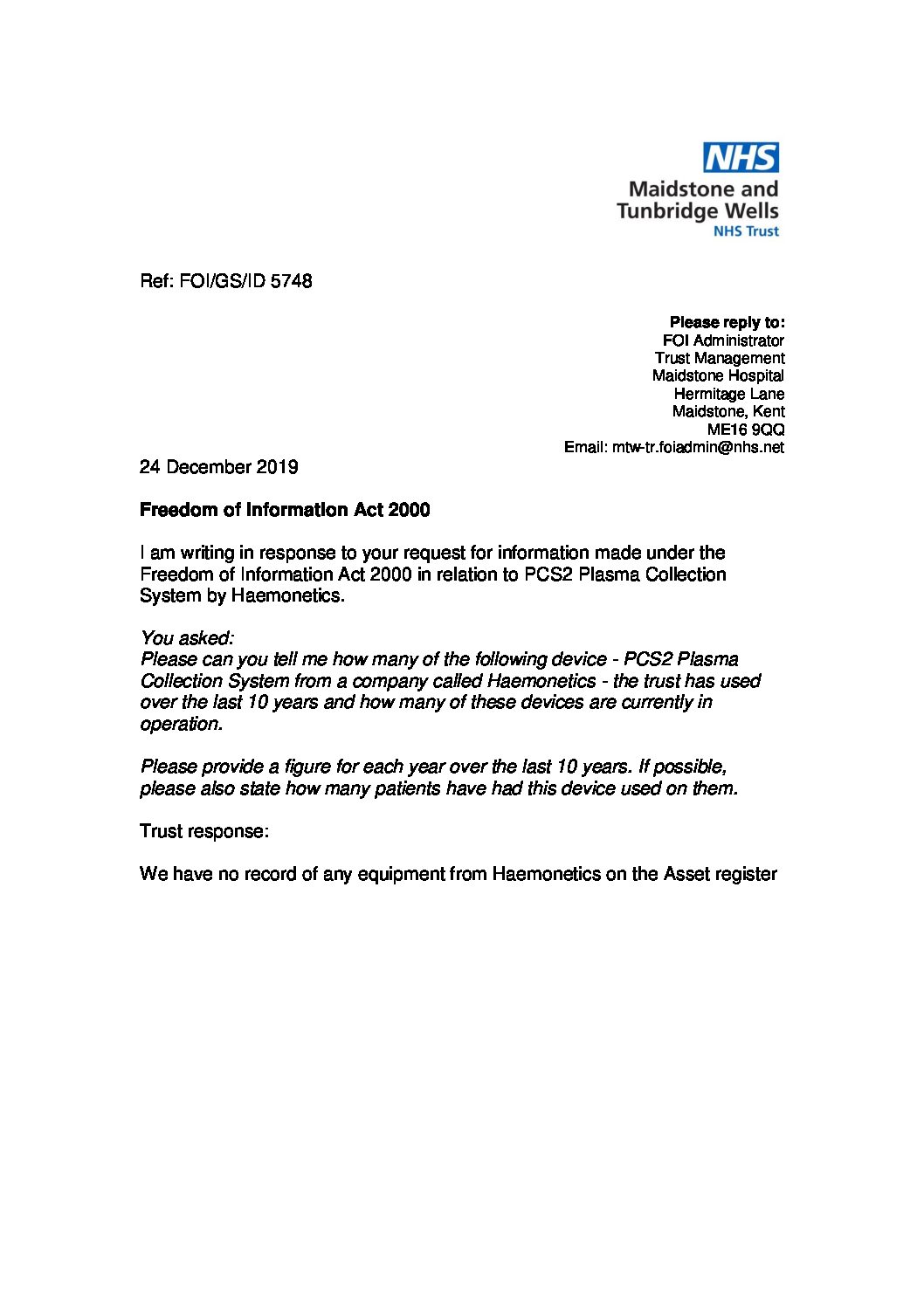 Download response PCS2 Plasma Collection System by Haemonetics.241219 ...